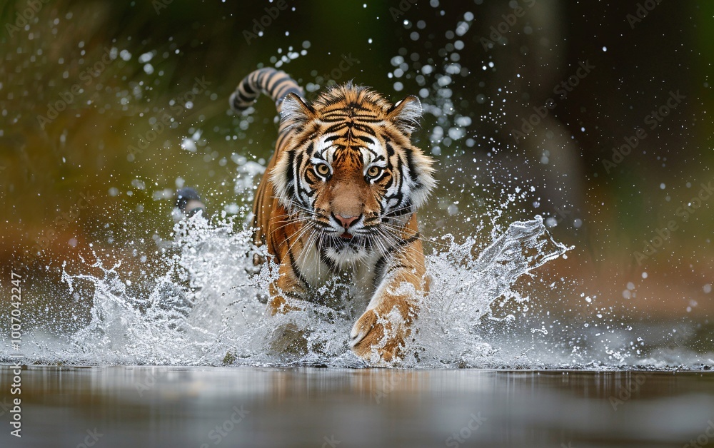 Siberian tiger low angle photo in the water with a splash Stock Photo ...
