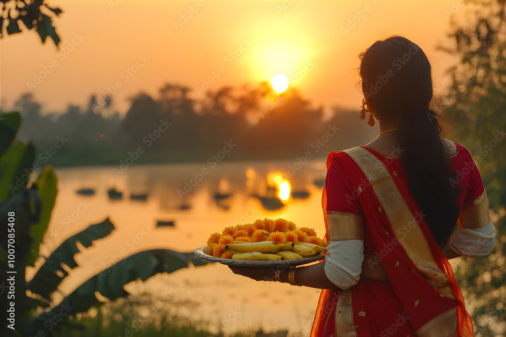 Chhath Puja background. Ancient Sandhya arghya day. Lady near the river ...