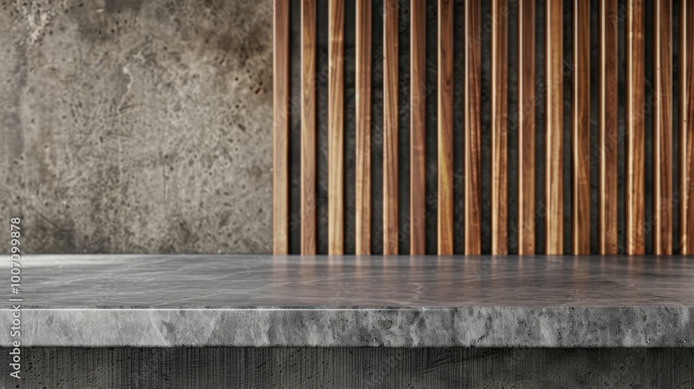 Marble tabletop on wooden wall panels background with vertical slats ...