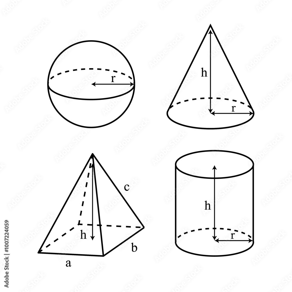 3D Geometric Shapes Edges Illustration with Radius and Height, Side ...