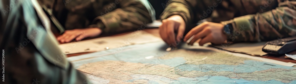Military personnel planning strategy over a detailed map, showcasing ...