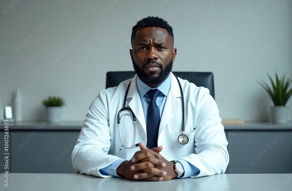 Dark-skinned professional doctor in uniform filling out paperwork ...