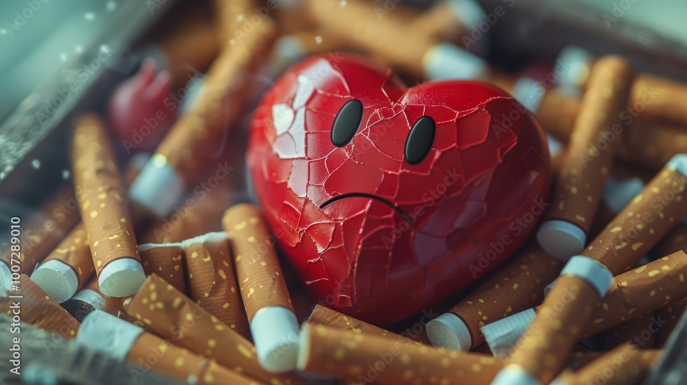 Heart with sad face. Unhealthy habit of cigarette smoking, nicotine ...