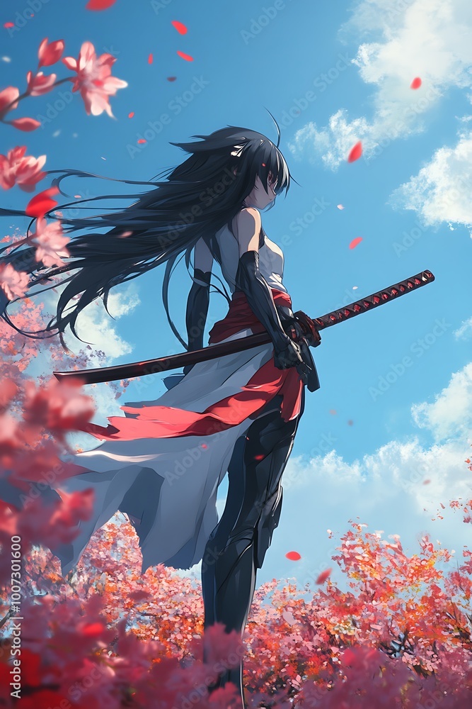 Anime Girl Samurai Warrior with Long Black Hair Holding Katana Sword in ...