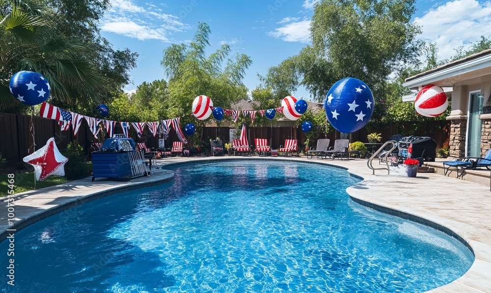 A backyard pool party with patriotic decorations and 4th of July games ...