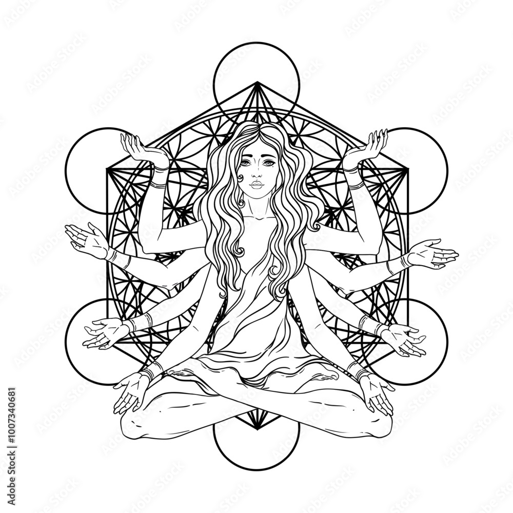 Beautiful woman with long hair and multiple hands sitting in lotus yoga ...