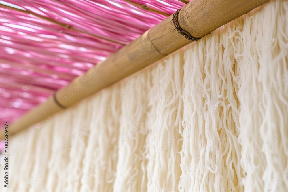 Rice noodles hanging over bamboo poles to dry, Hsipaw, Shan state Stock ...