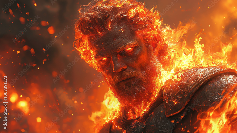 elder male fire genasi with flaming beard and intense eyes in a fiery ...