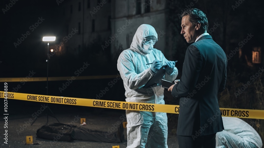 Detective inspecting area and taking notes in notebook at crime scene ...