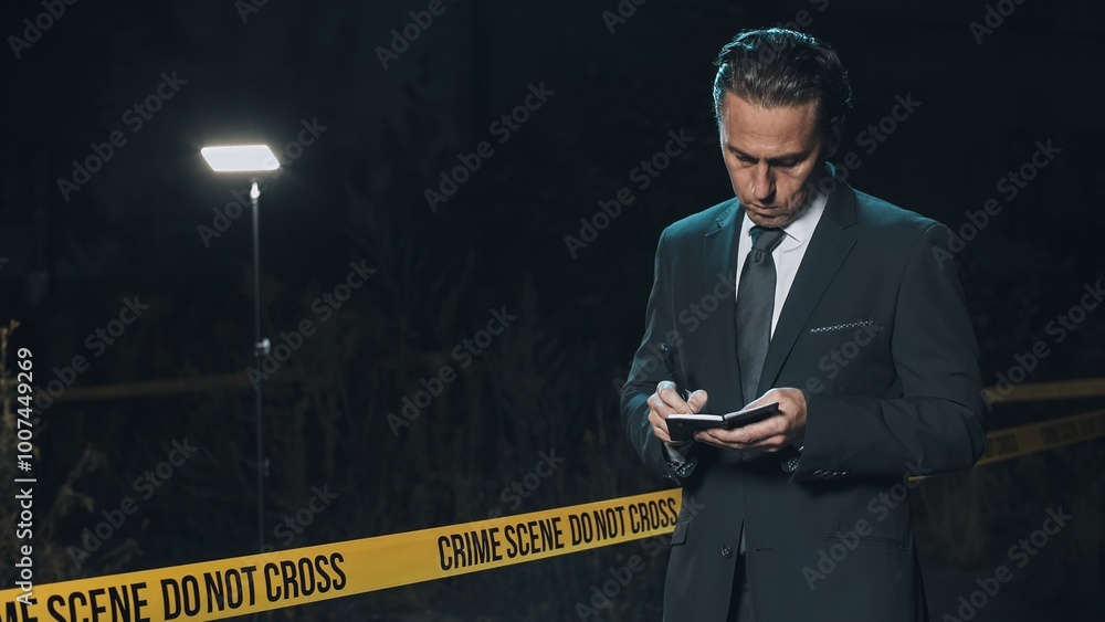 Detective inspecting area and taking notes in notebook at crime scene ...