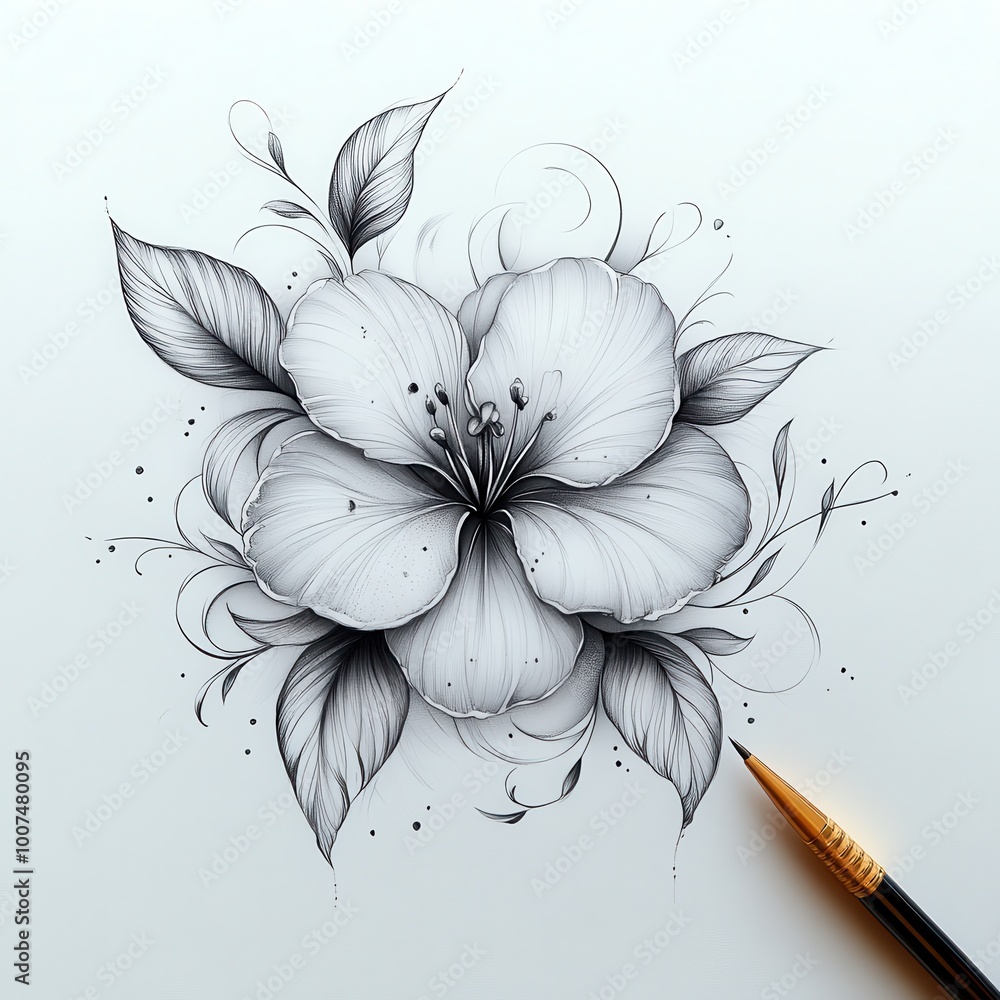 tattoo pattern in the shape of a flower drawn with a pencil on a white ...