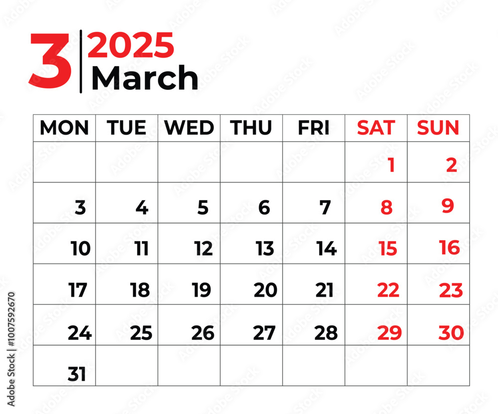 March 2025 Monthly Calendar design with clean look and week starts from ...