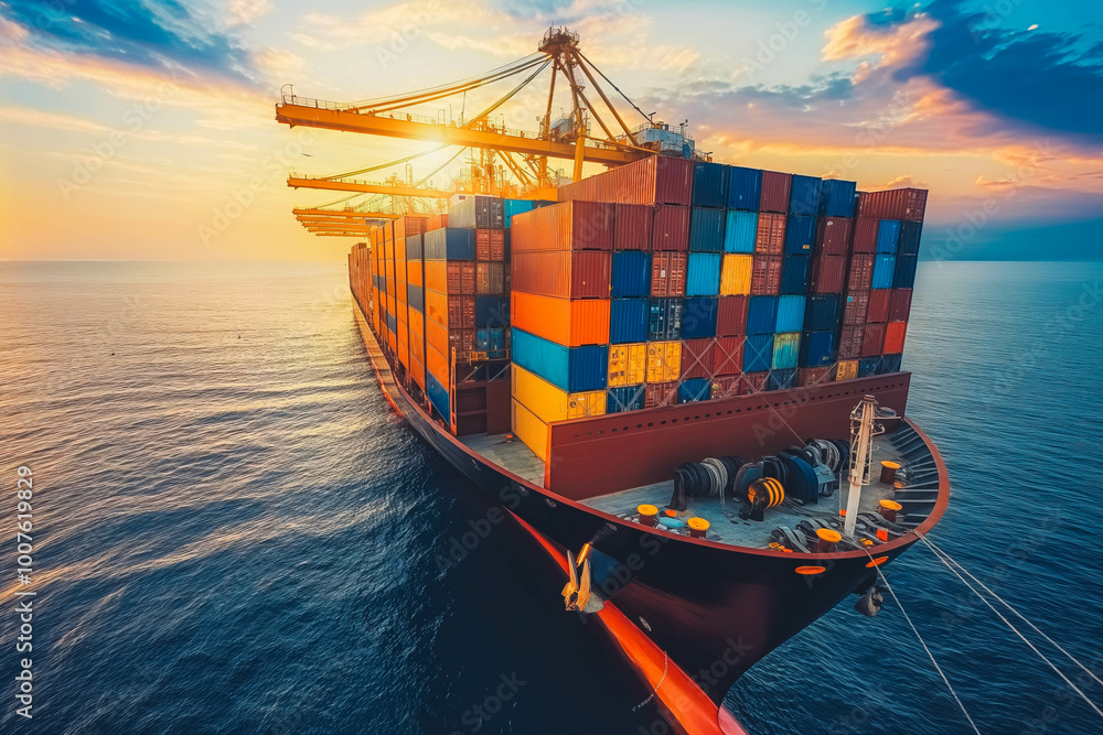Container ship carrying container boxes import export dock with quay ...