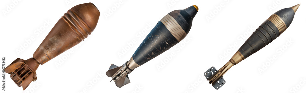 Projectile, bomb, rocket isolated on white background. Large exploding ...