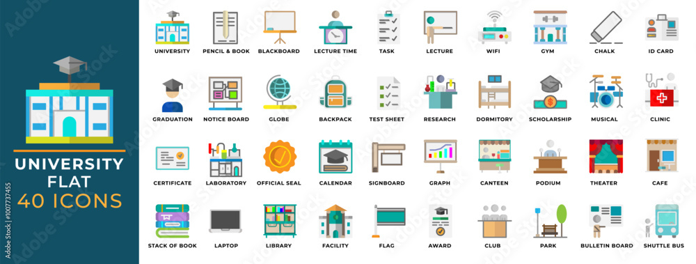 University icons set. Editable flat design for school symbols. Perfect ...