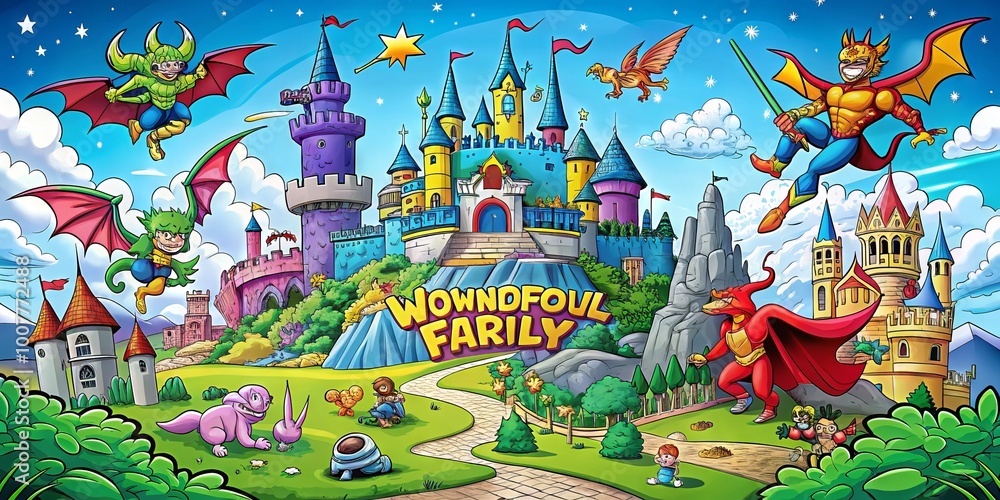 Colorful cartoon illustration of a whimsical fantasy world with ...