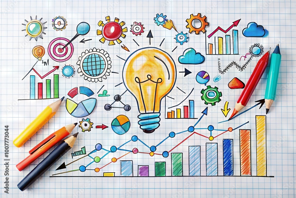 Colorful doodles surround a creative chart with arrows, icons, and ...