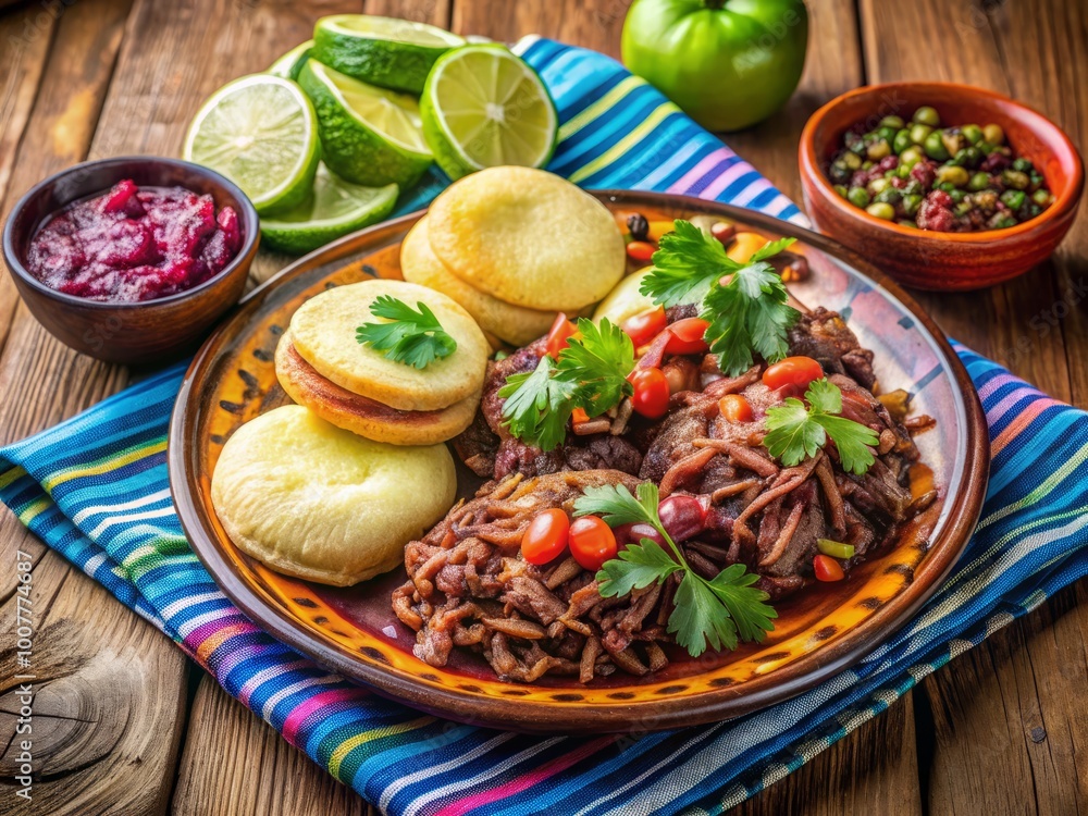 Colorful Venezuelan plate filled with pabellón criollo, tequeños ...