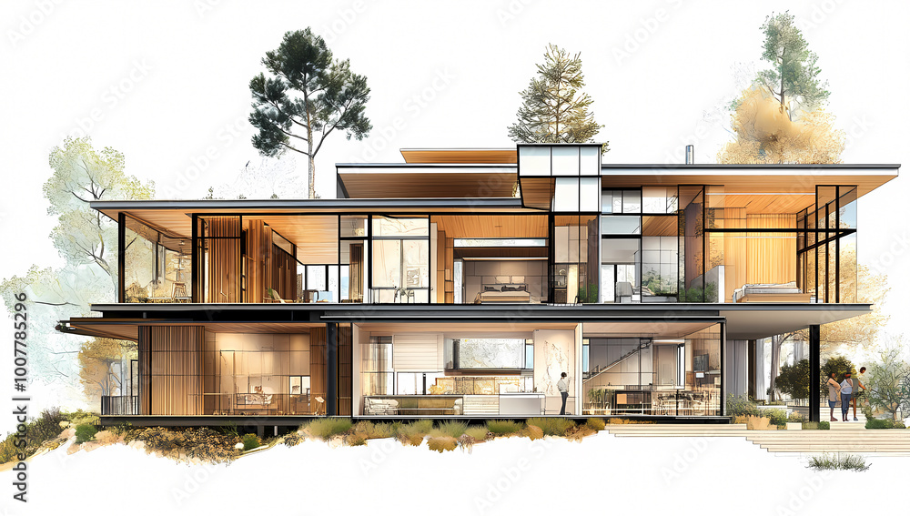 Modern two-story house cross-section CAD drawing by architecture ...