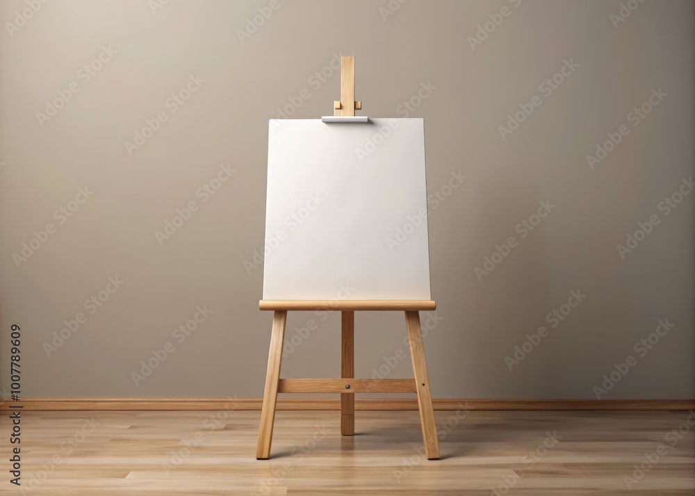 Large-scale, modern, blank white poster board or canvas on a wooden ...