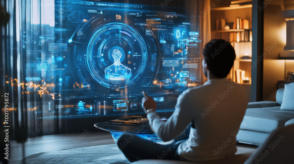 Futuristic virtual assistant projected as a hologram, interacting with a user in a home setting ...