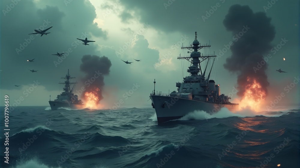 Naval war scene with battleships exchanging fire on a stormy ocean ...