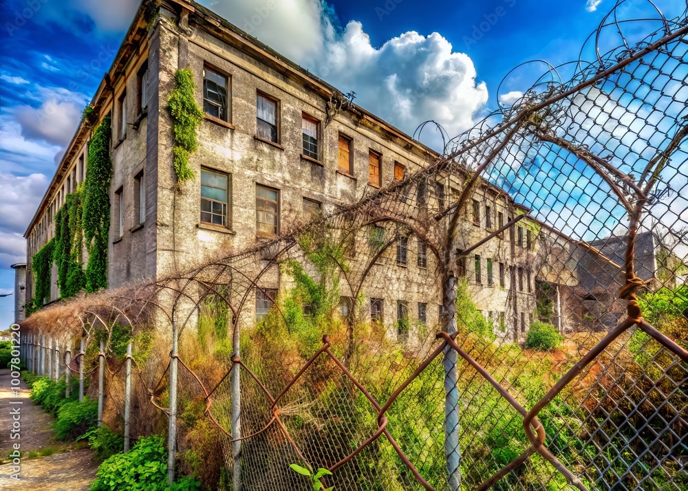 Rusted wire mesh boundaries surround a deserted, crumbling prison ...