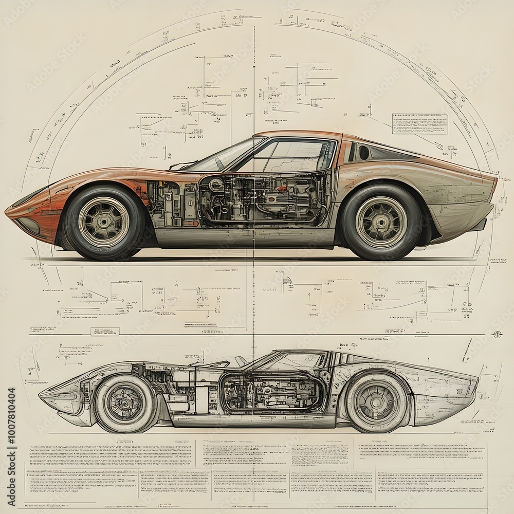 Detailed Technical Diagram of Iconic Sports Car with Cutaway Section ...