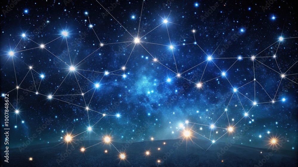 Dark night sky filled with twinkling stars and marked constellations ...