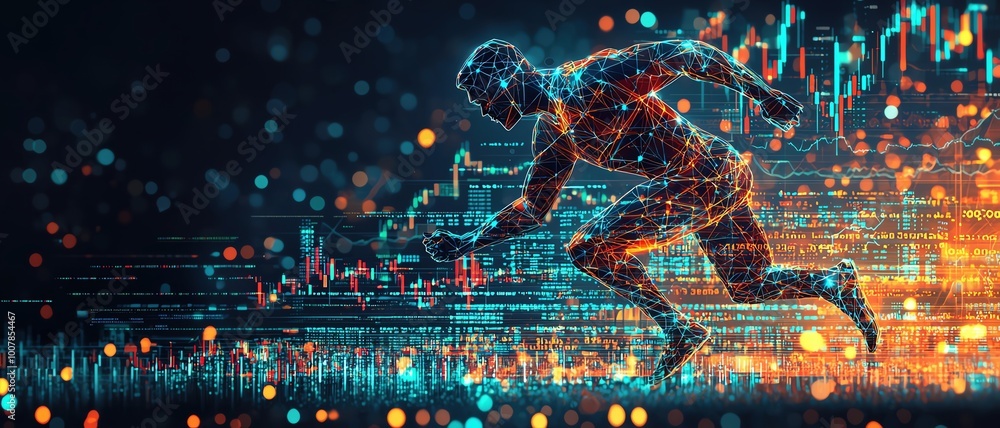 Geometric shapes forming a dynamic athlete figure, overlaid with ...