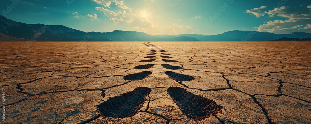Cracked earth with footprints leading into the distance, visualizing ...