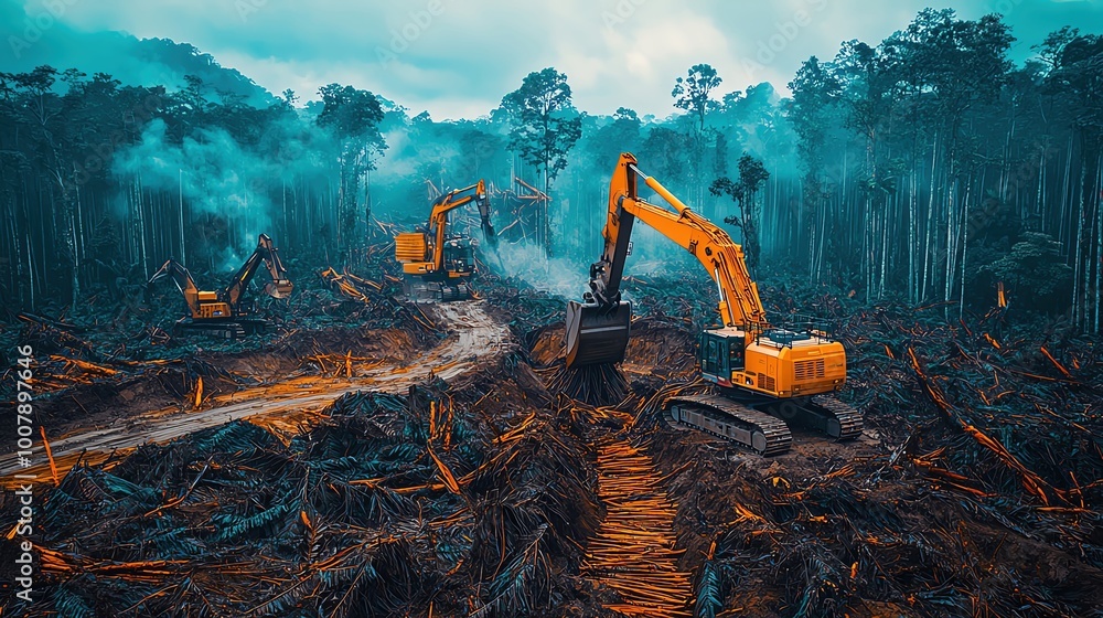 Industrial machines tearing into a forest, visualizing deforestation ...