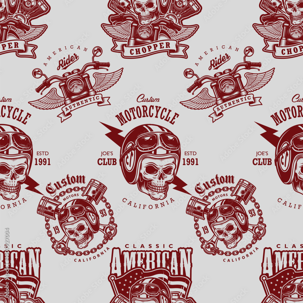 seamless pattern or logo with motorcycle, rider, skull, piston, ghost ...