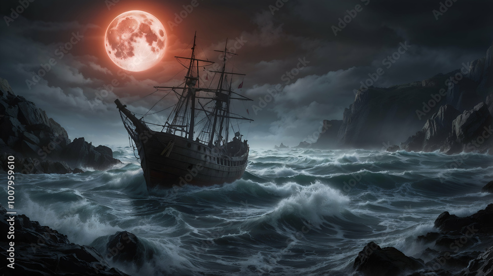 Ghostly Ship Sailing Through Rough Seas Under Blood Moon in Dark ...