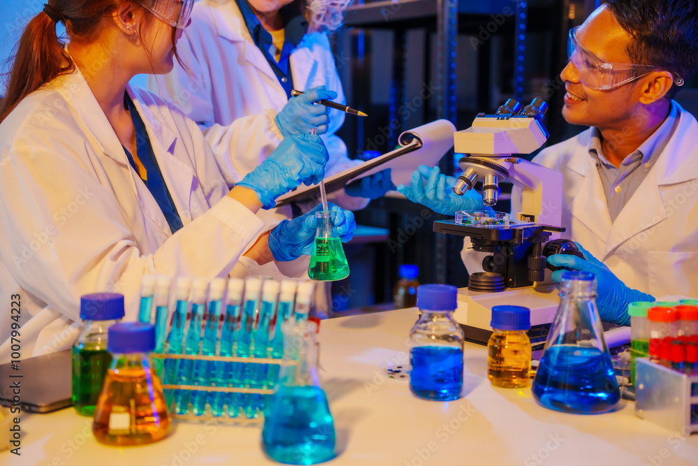 middle-aged man, an old woman, and a young woman collaborate in a lab ...