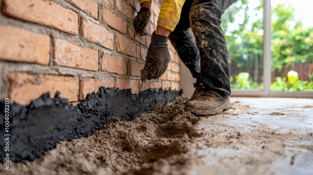 Detailed Foundation Repair Process in Basement with Worker Applying ...