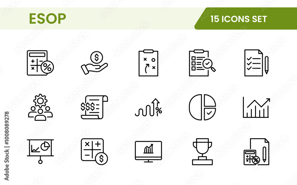 Outline icons about ESOP employee stock ownership plan. Contains such ...