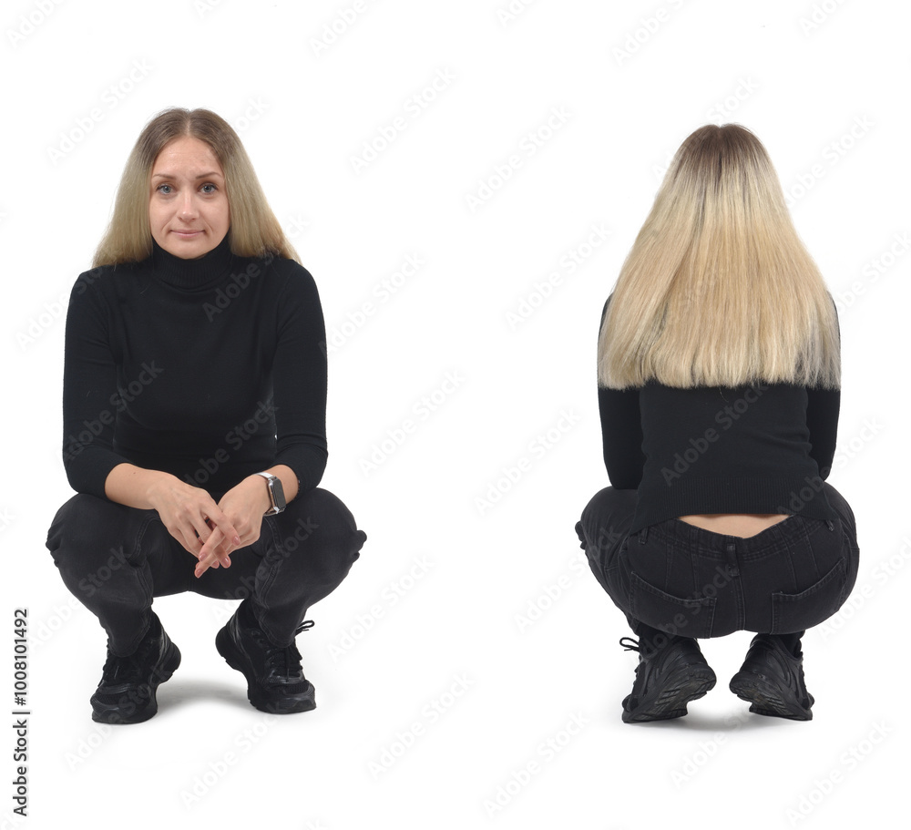 front and back view of same woman squatting on white background Stock ...