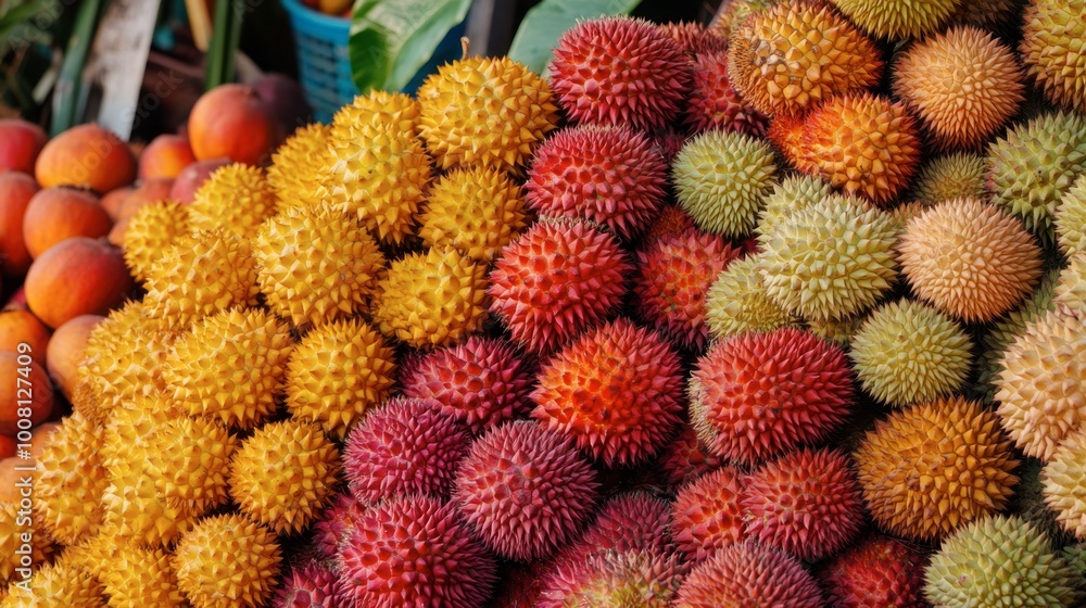 A close-up of a tropical fruit stall in Thailand, with piles of ...