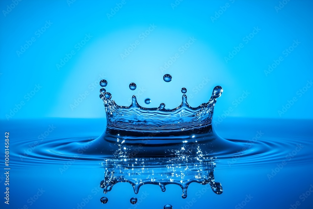 Water splashing into blue liquid background with copy space for modern ...
