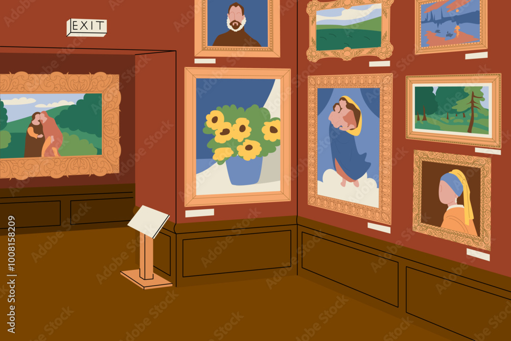 Art museum with paintings of artists in golden ornamented frames. World ...