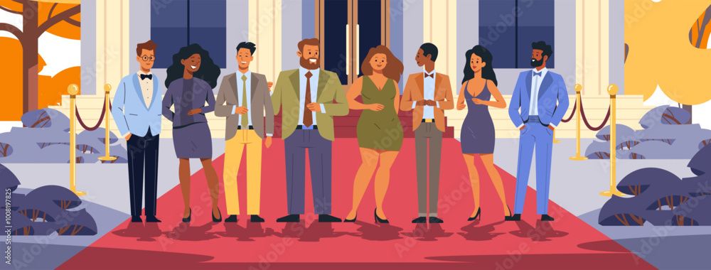 People in formal attire attending event. Group of men and women in ...