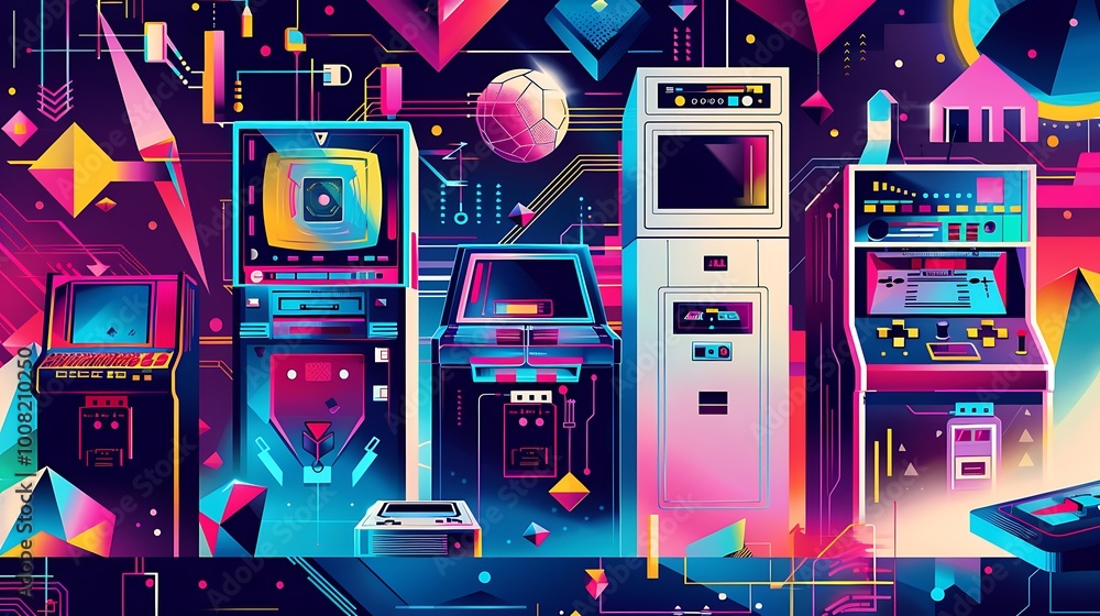 A vibrant neo-retro illustration featuring bold geometric shapes, neon ...