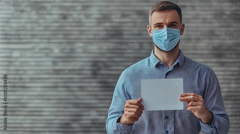 Capture a minimalist mugshot of a short-haired man in a blue mask and ...