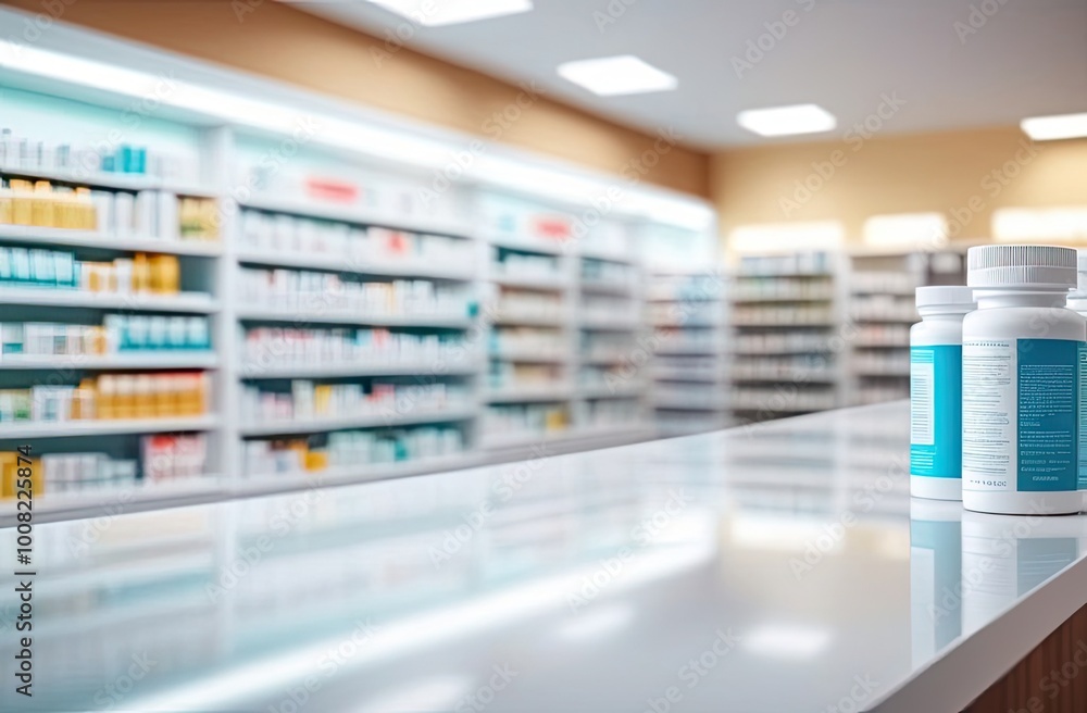 Empty white table with pharmacy shelves in background, product display ...