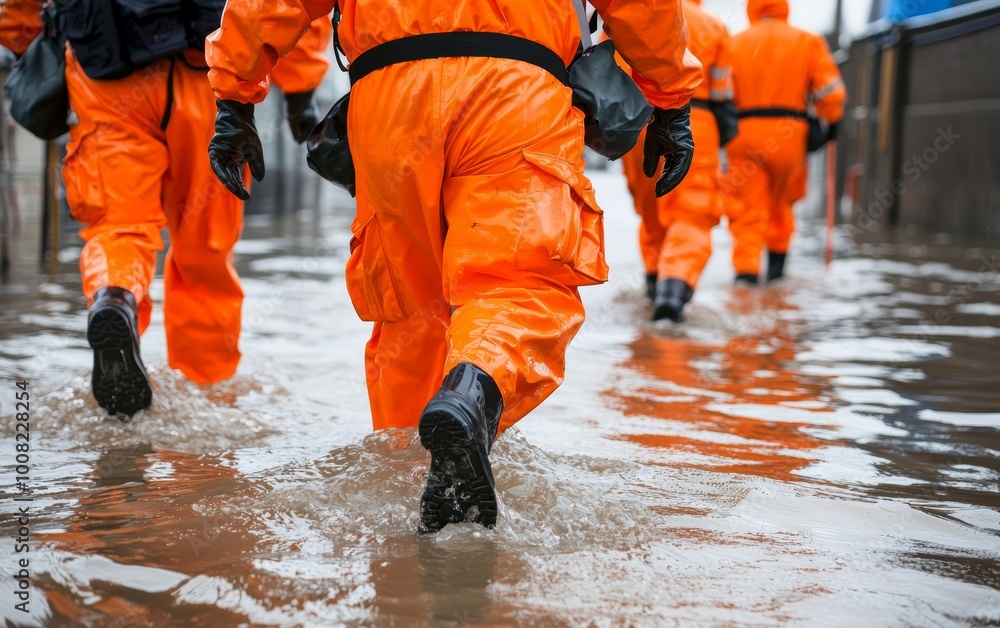 Emergency response team wading through flooded streets, rescuers in ...