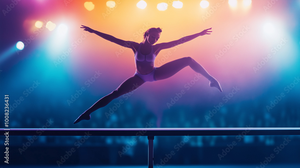 Gymnastics competition with gymnast doing split pose on balance beam ...