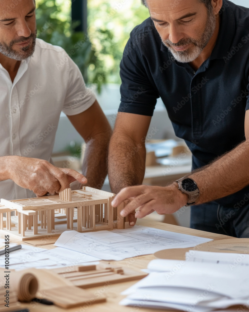 An architect presenting a mass timber building model to a client, with ...
