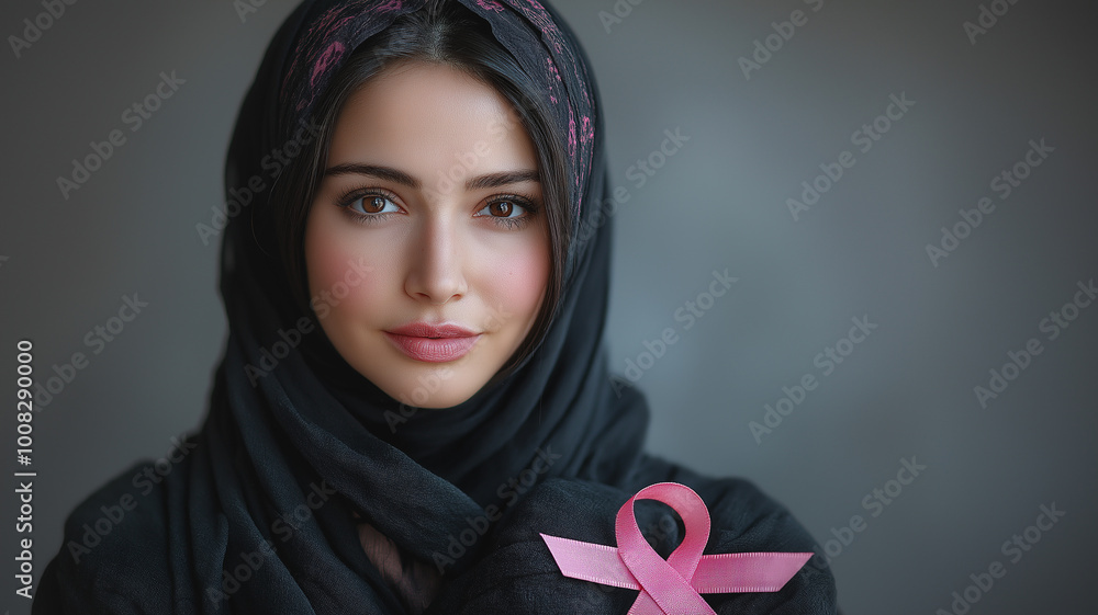 arab woman holding the pink ribbon symbol of breast cancer, saudi ...