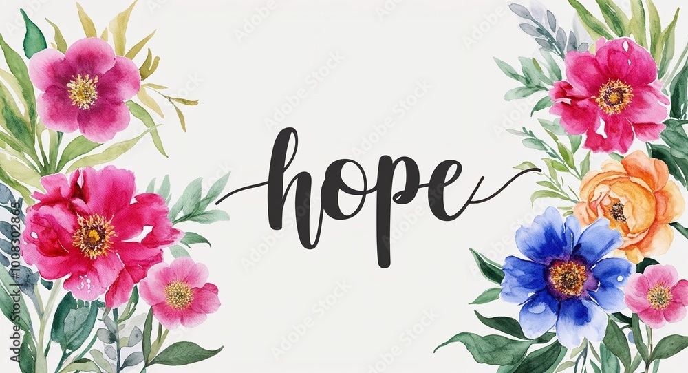 hope word lettering with watercolor painting flowers on plain white ...